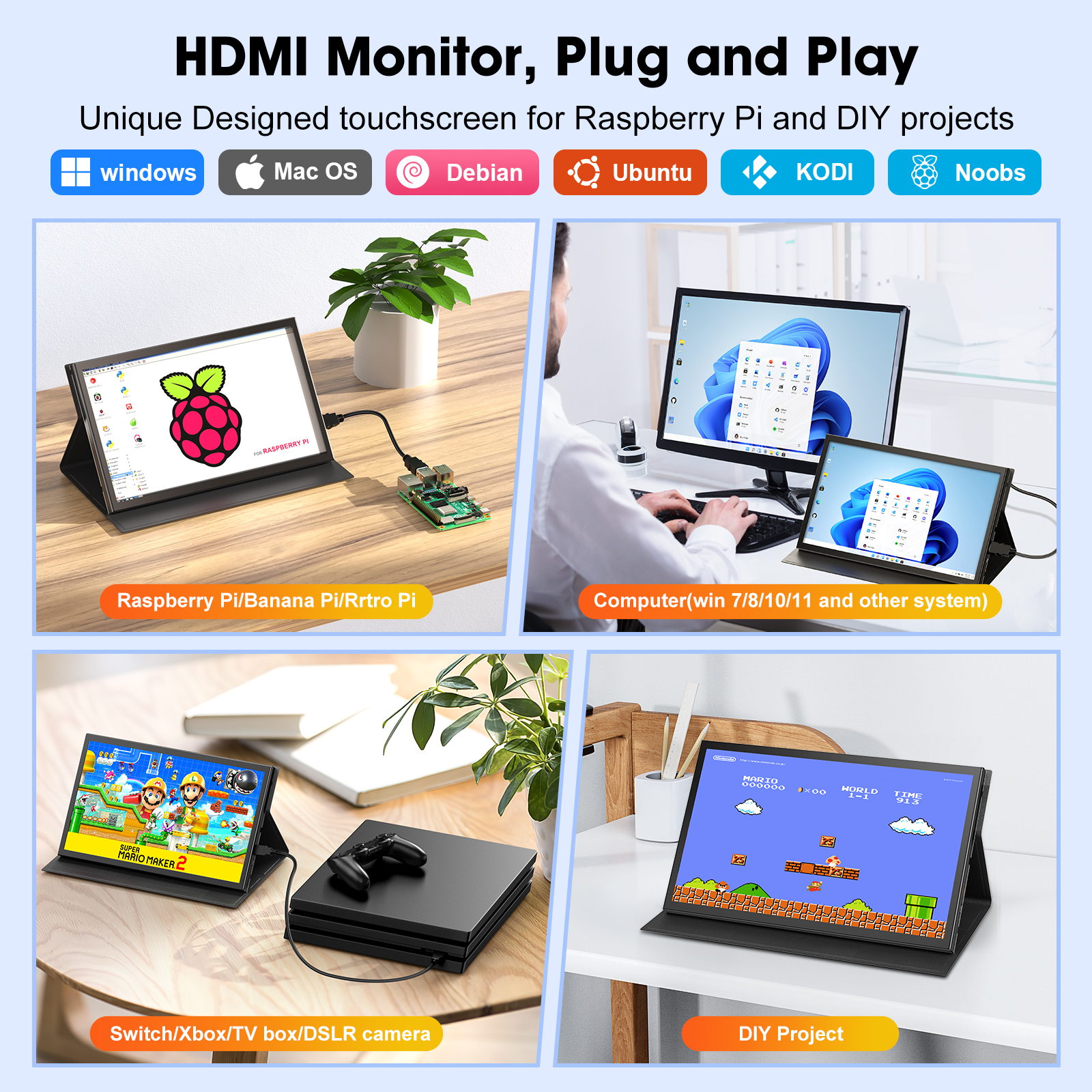 Portable Mini 10 inch Raspberry Pi Display 1024x600 IPS Capacitive ...