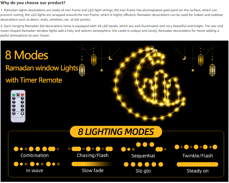 Ramadan Decorations, LED Ramadan Lights, 8 Modes Eid Decorations Window ...