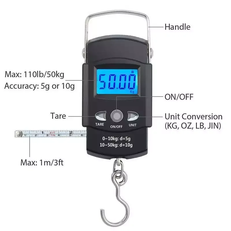 50kg/10g Digital Hand Scale - Portable LCD Hanging Scale with Tape ...