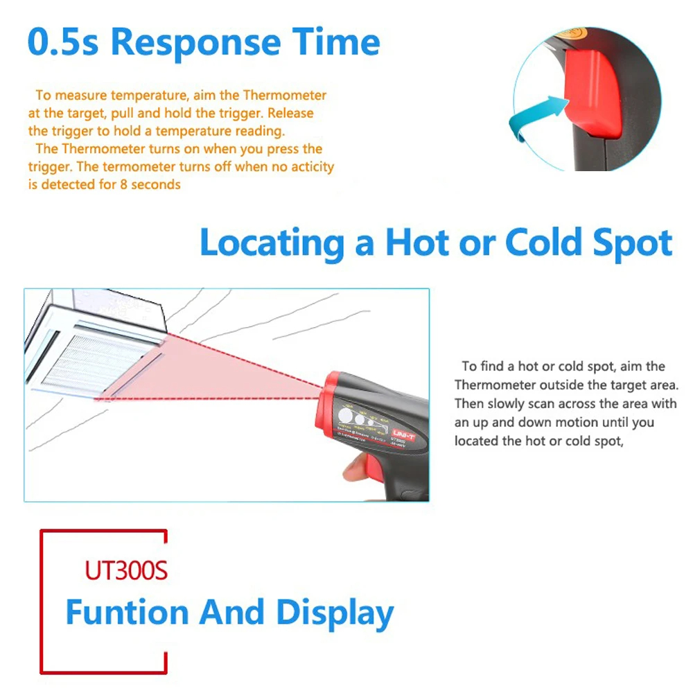 UNI-T UT300S Infrared Thermometer Measure Non-Contact Fast Test Max Min ...