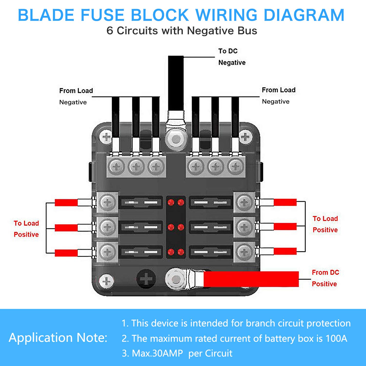 6 Way 12V Fuse Box 12Volt Blade Fuse Block, 6 Circuit W/Negative Bus ...
