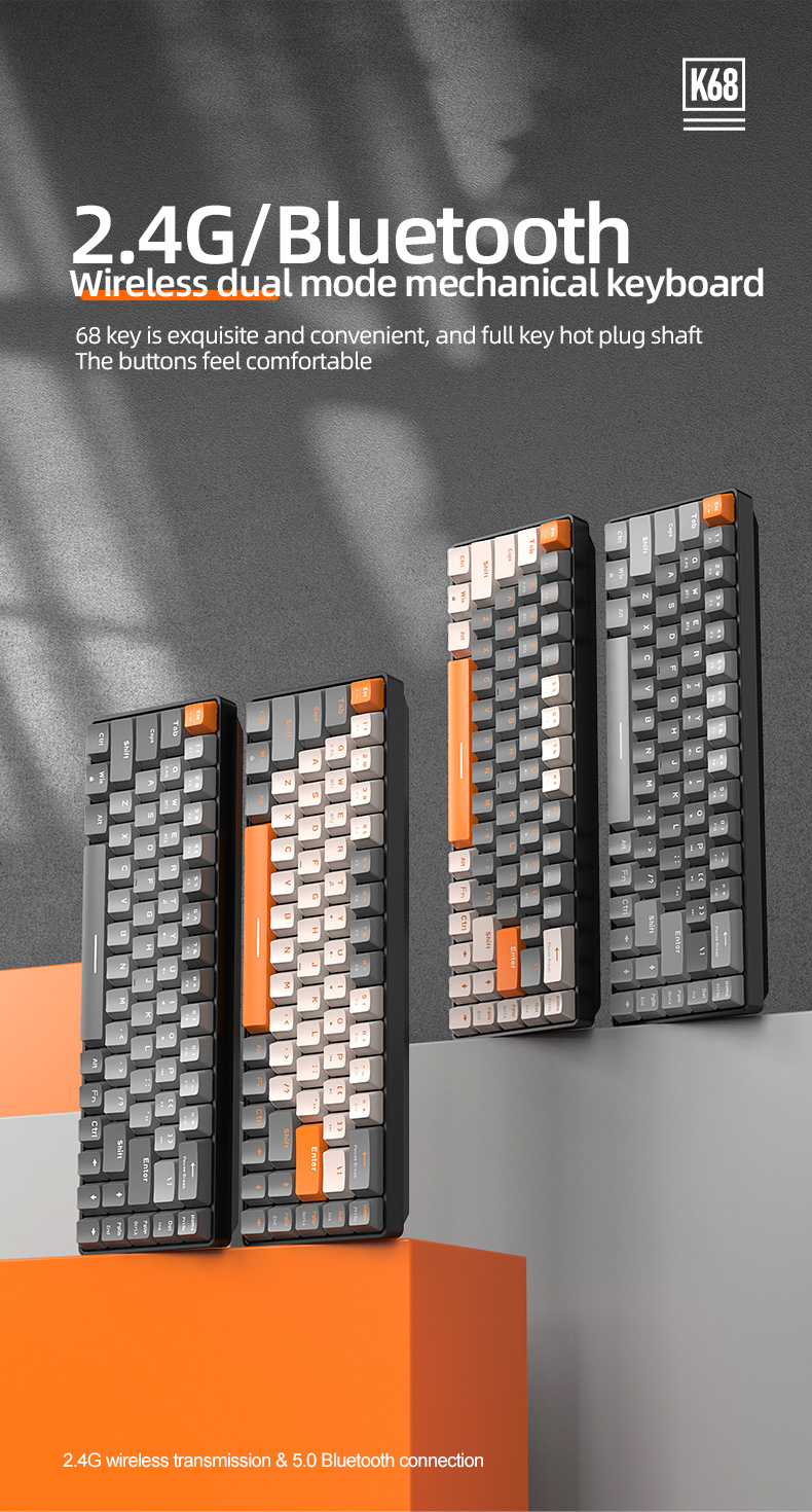 ZIYOULANG K68 2.4G/BT5.0 Wireless Gaming Mechanical Keyboard 68 Keys ...