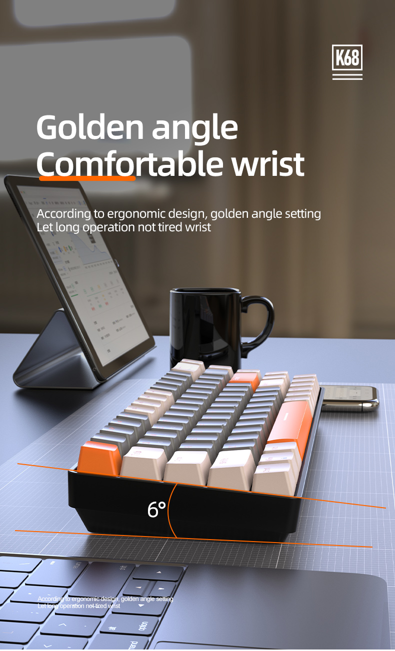 ZIYOULANG K68 2.4G/BT5.0 Wireless Gaming Mechanical Keyboard 68 Keys ...