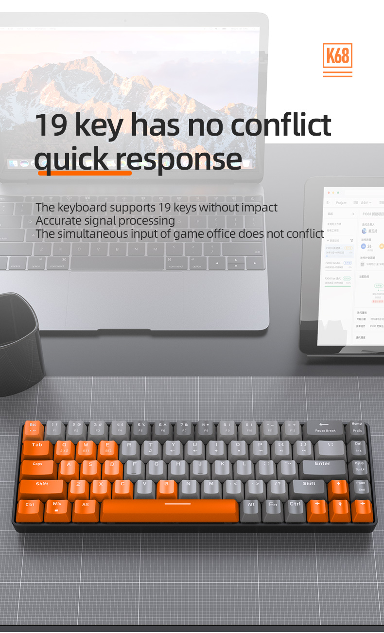 ZIYOULANG K68 2.4G/BT5.0 Wireless Gaming Mechanical Keyboard 68 Keys ...