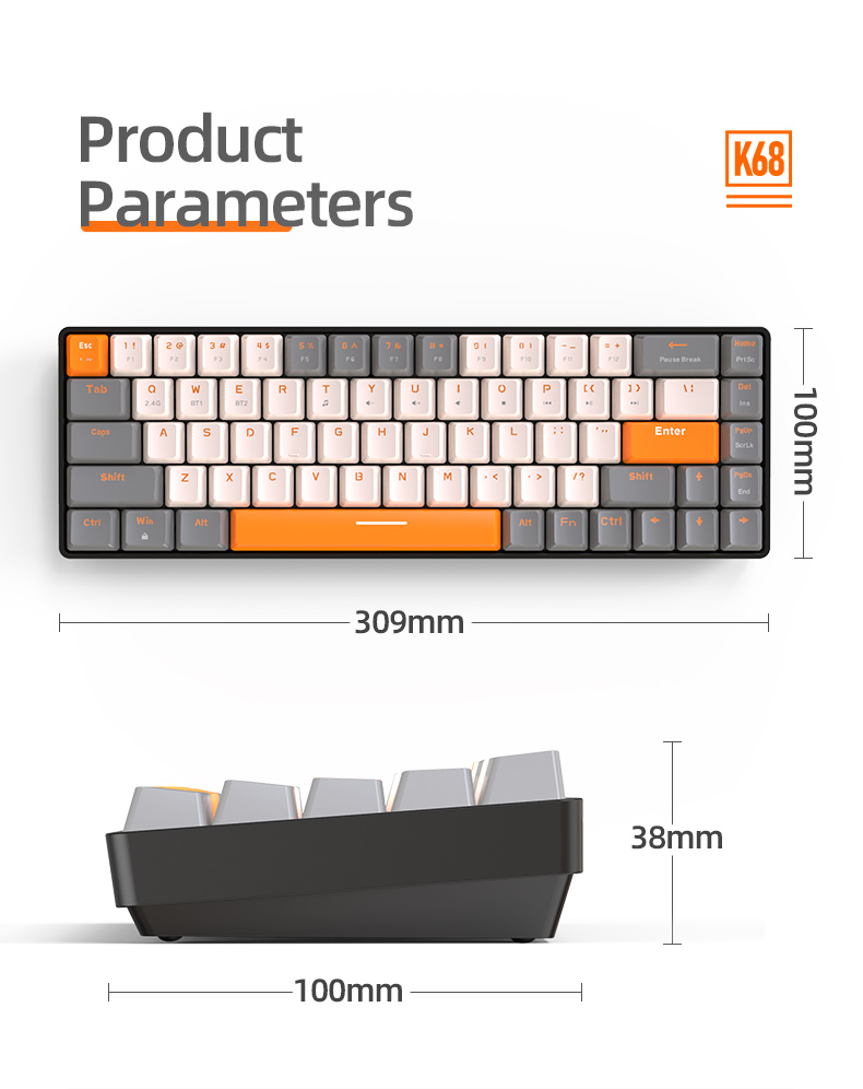 ZIYOULANG K68 2.4G/BT5.0 Wireless Gaming Mechanical Keyboard 68 Keys ...