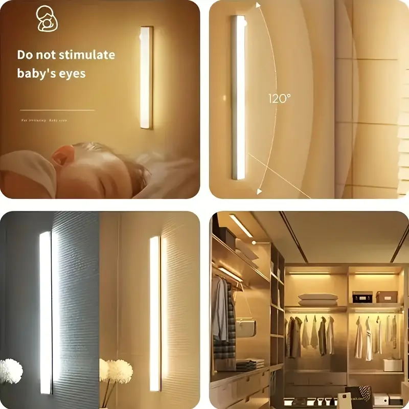 3 Colors LED Motion Senson Night Light USB Rechargeable Light Bar 10CM ...