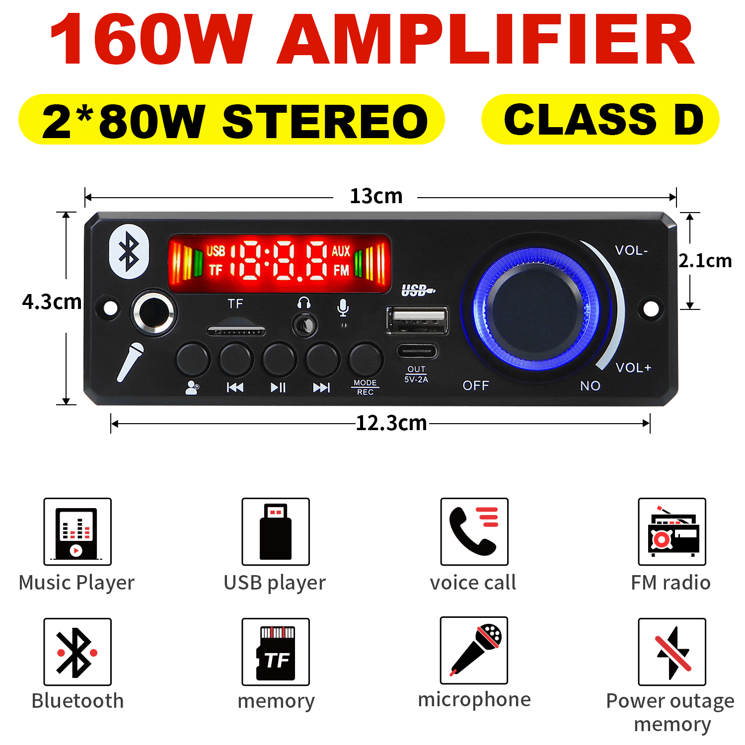 160W Amplifier Bluetooth 5.0 DIY MP3 Board Audio Player 12V FM Radio ...