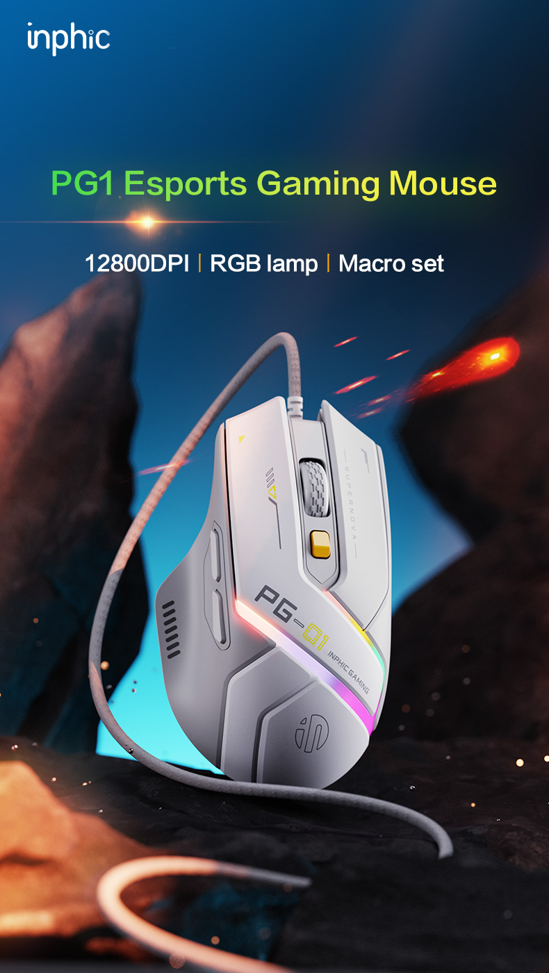 inphic PG1 Gaming Mouse Wired Ergonomic 6-Button Programmable 200-12800DPI 1000Hz RGB Computer ...