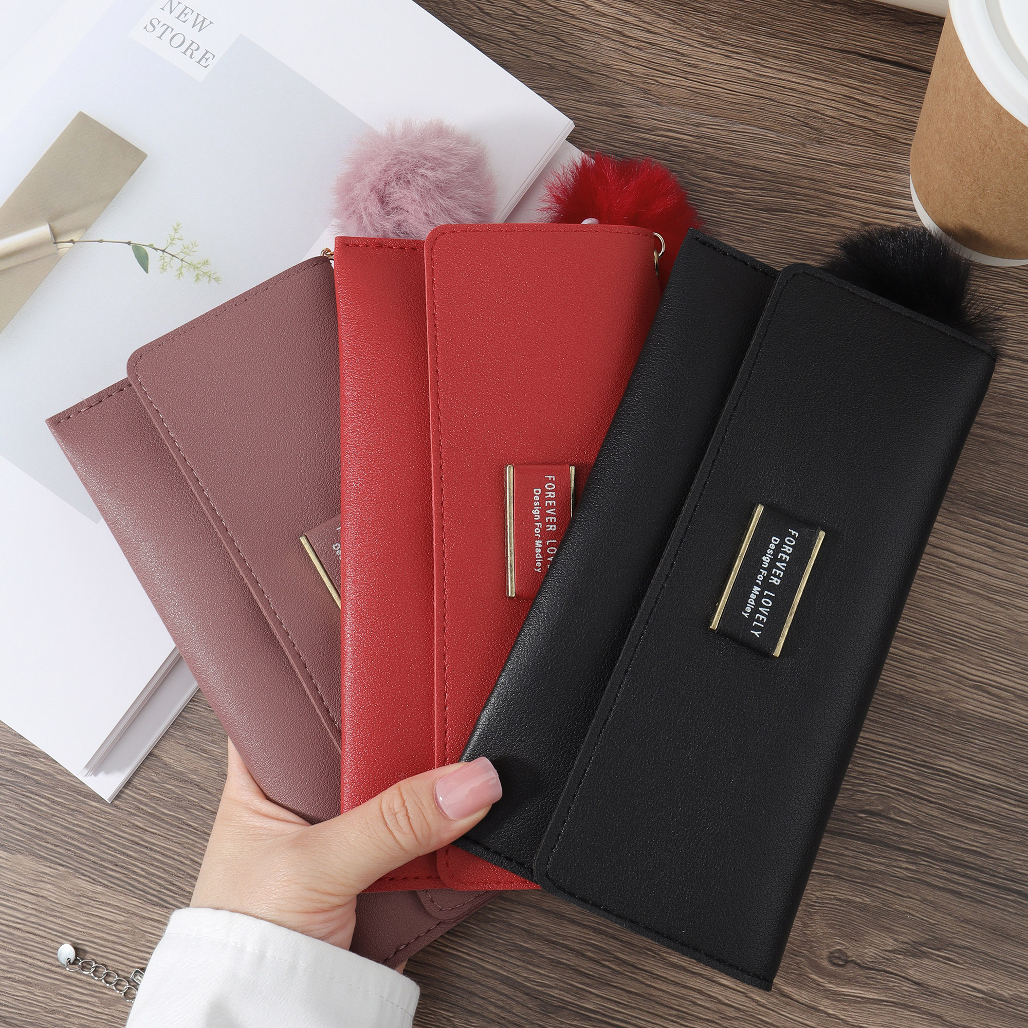 Women's foldable long wallet, fur ball decorated clutch wallet, ultra ...