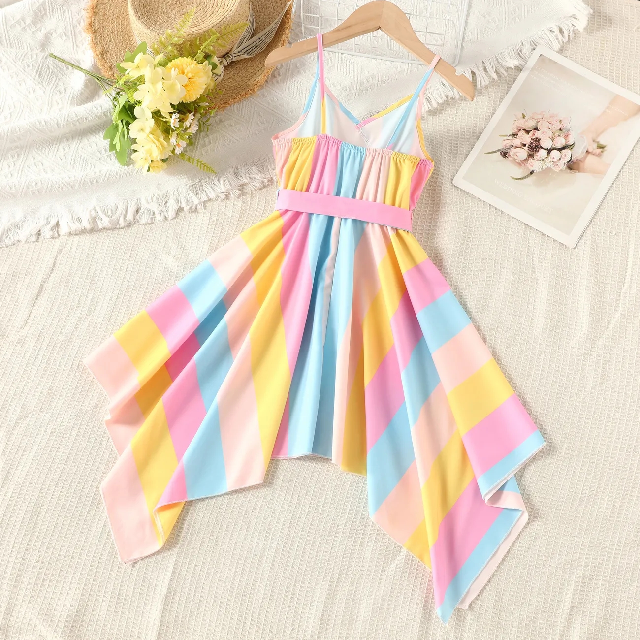 Girls' Sleeveless Rainbow Stripe Suspended Dress with Open Back Middle ...