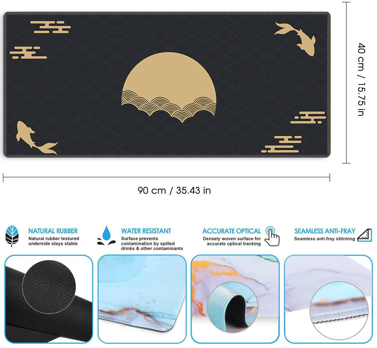 Japanese Desk Mat Black & Gold Mousepad Koi Fish Sun Cloud Japan Art ...
