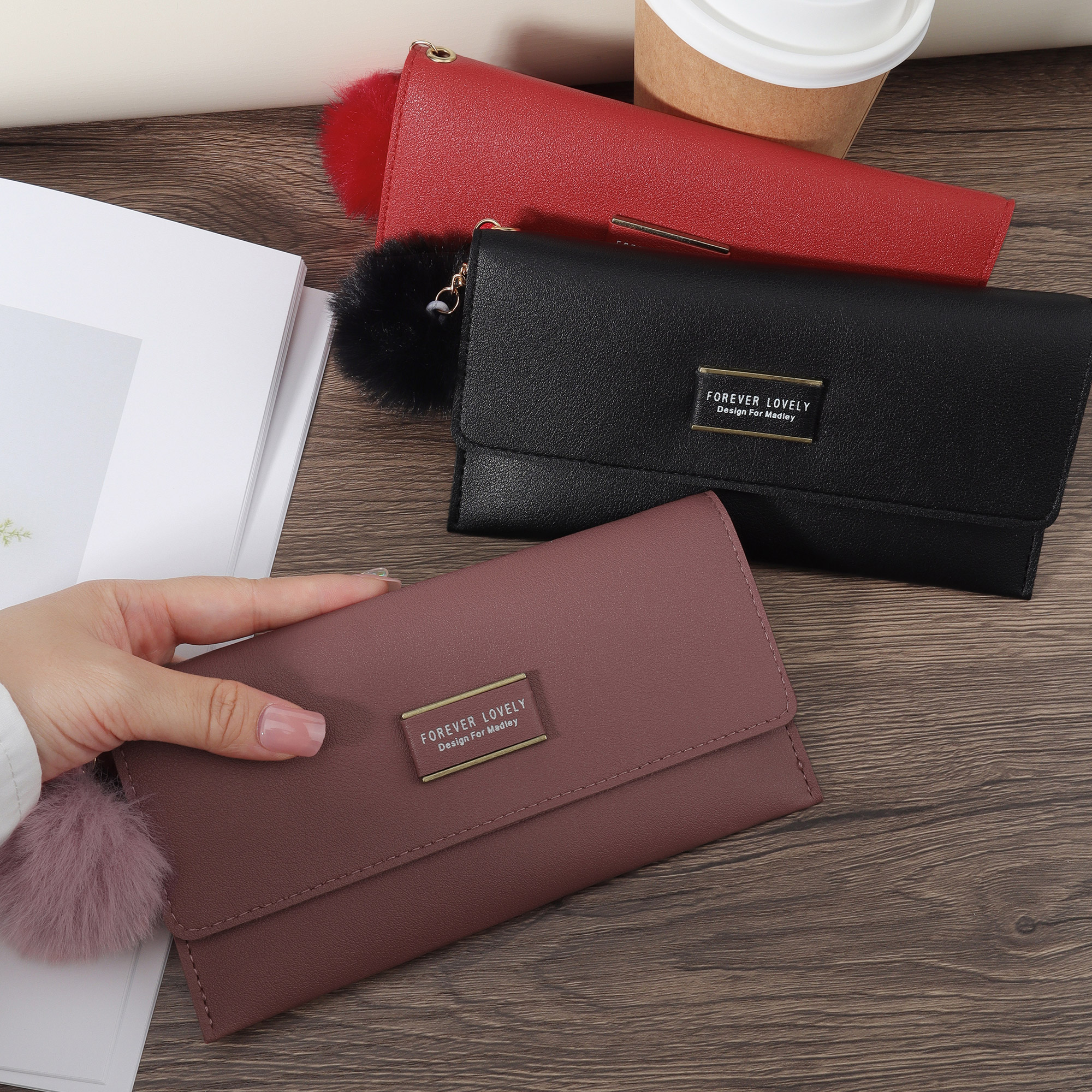 Women's foldable long wallet, fur ball decorated clutch wallet, ultra ...