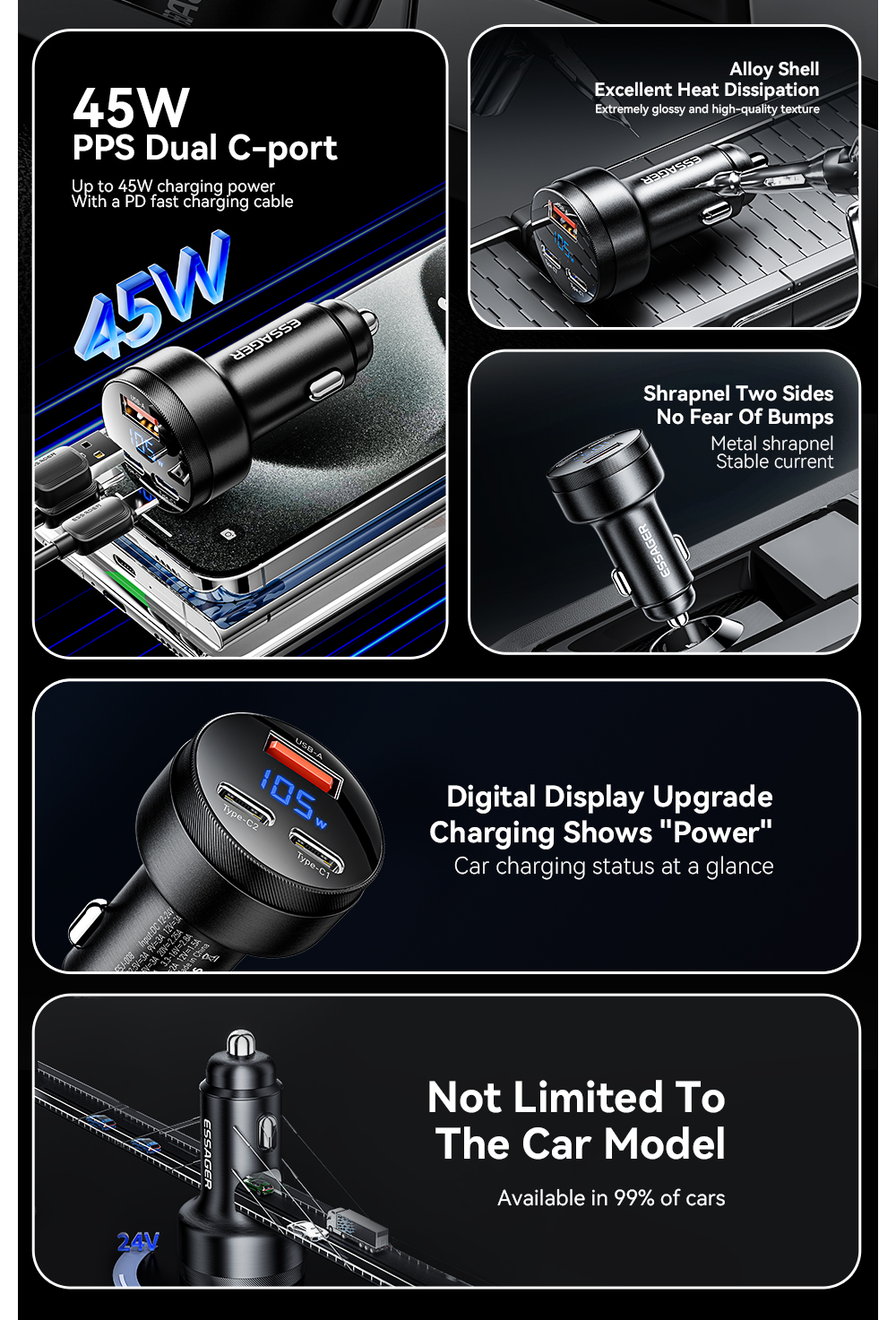 Essager 105W Car Charger 2Type C Usb Fsat Charg For PPS PD QC Car ...