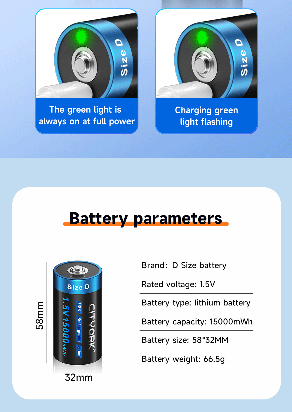 Cityork R20 R14 Heavy Duty 1.5V D Size C Size Rechargeable Battery ...