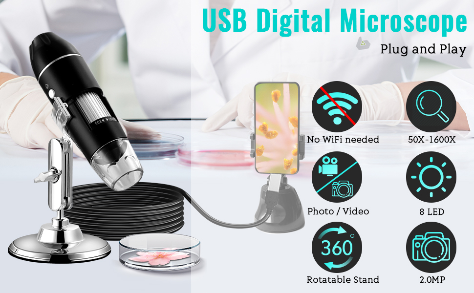 USB digital microscope camera, 50X-1600X enlarged handheld mini ...