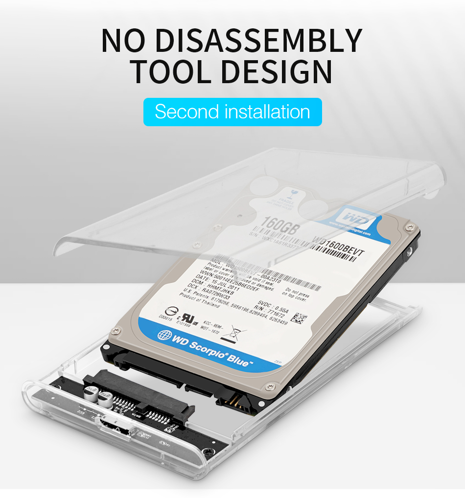 USB3.0 Transparent Mobile Hard Drive Box 2.5-inch SATA Serial SSD 2.5inch Plastic Hard Disk Case ...