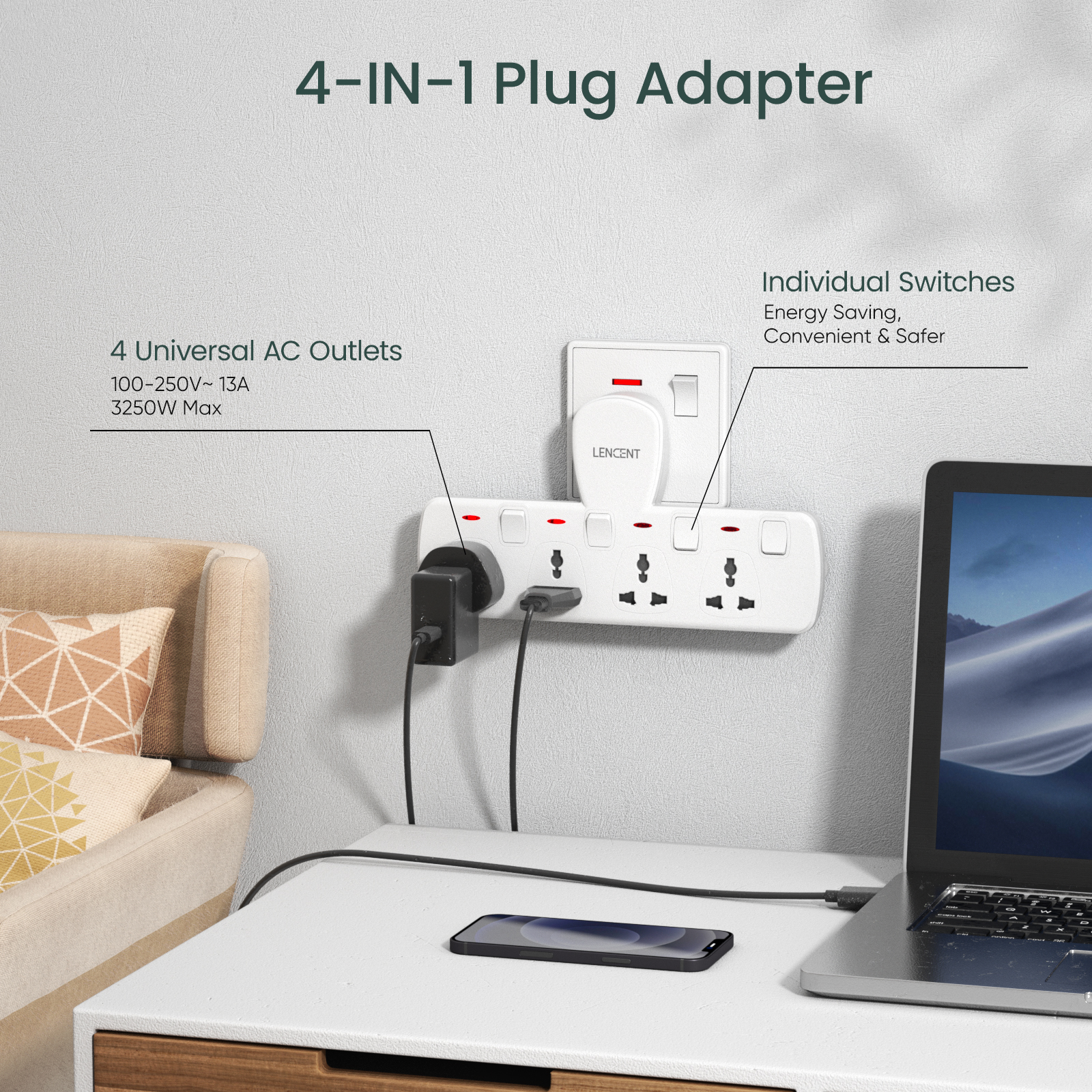 Lencent 4 in 1 Universal Plug Extension Wall Plug with Individual ...