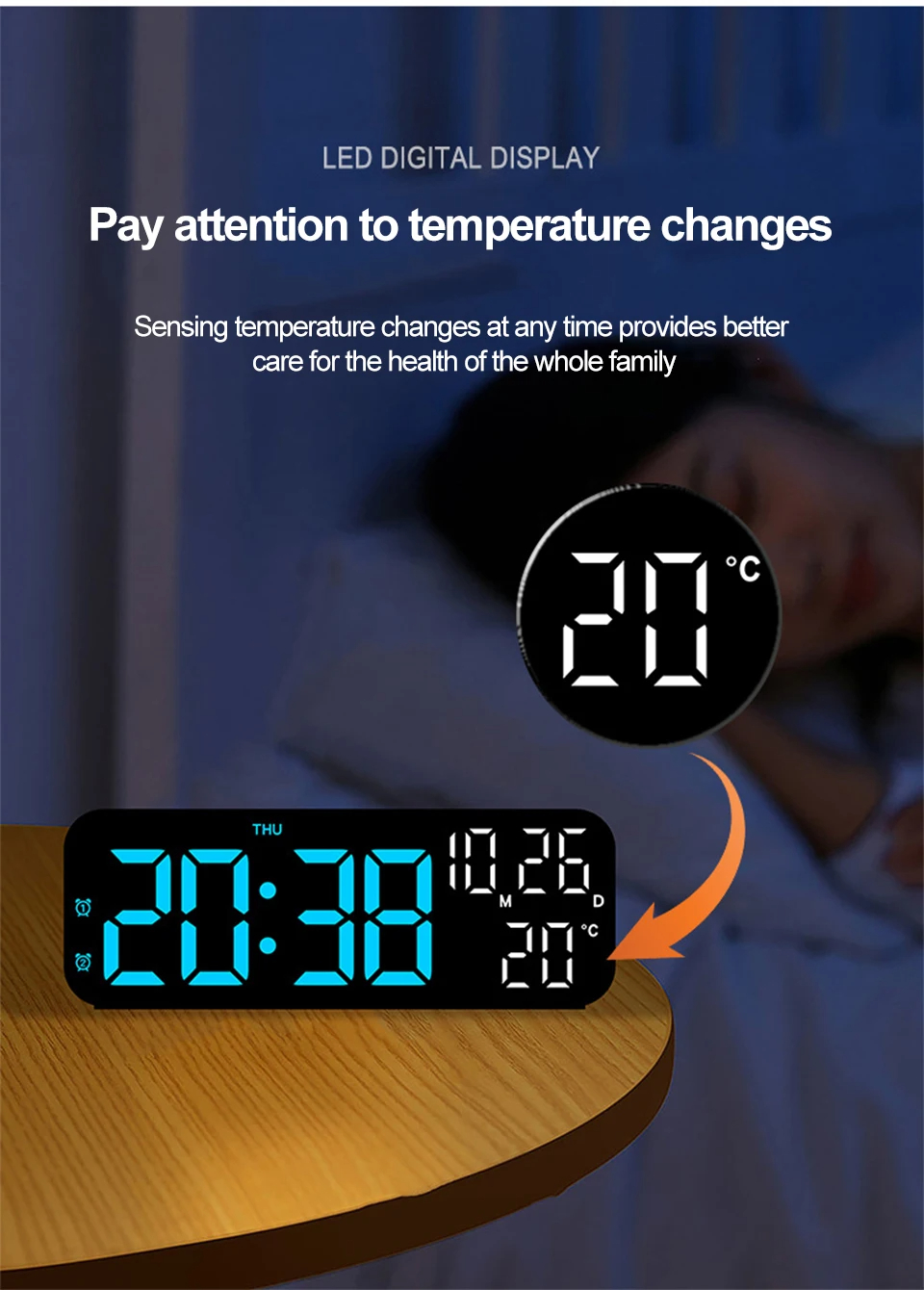 9 Inch Voice Control Digital Alarm Clock Date Time Temperature Display ...