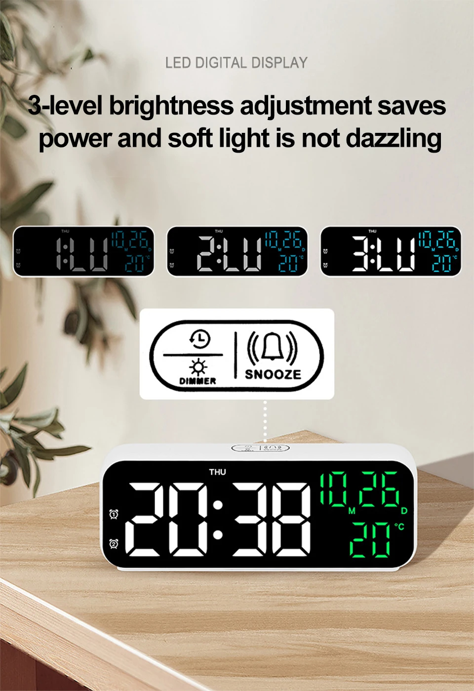 9 Inch Voice Control Digital Alarm Clock Date Time Temperature Display ...
