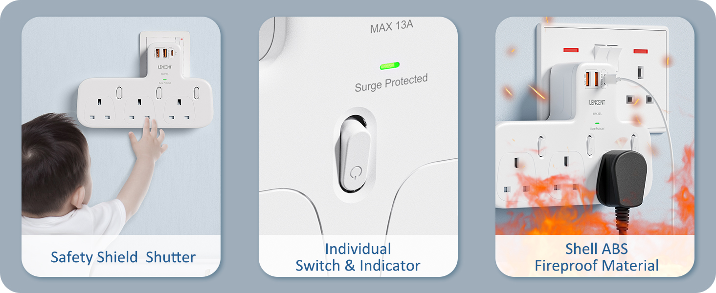 Lencent Surge Protected 3 Way Plug Extension Pd 20w Usb C And 2 Usb A Qc 3 0 Multi Plug Adaptor