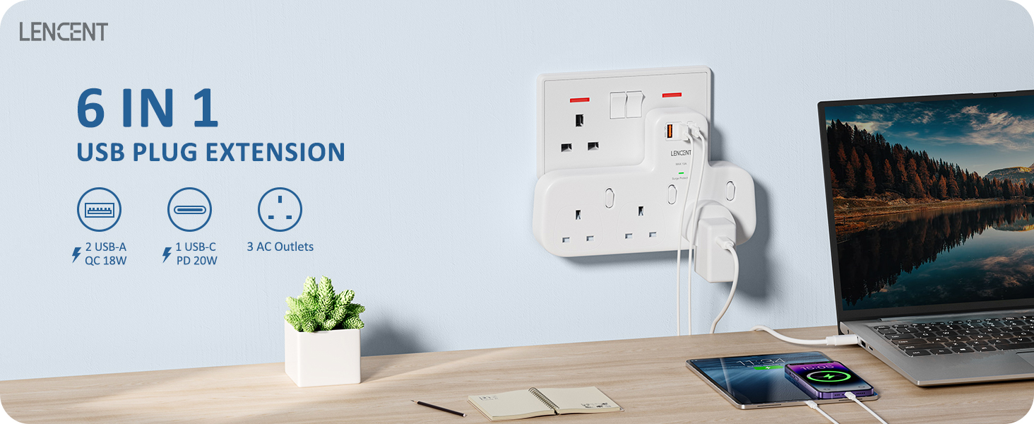 Lencent Surge Protected 3 Way Plug Extension Pd 20w Usb C And 2 Usb A Qc 3 0 Multi Plug Adaptor