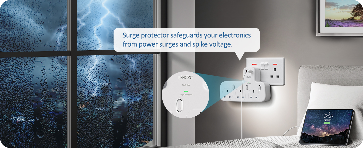 Lencent Surge Protected 3 Way Plug Extension Pd 20w Usb C And 2 Usb A Qc 3 0 Multi Plug Adaptor