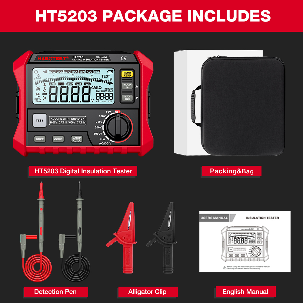 HABOTEST HT5203 Digital Insulation Earth Ground Resistance Meter Megger ...