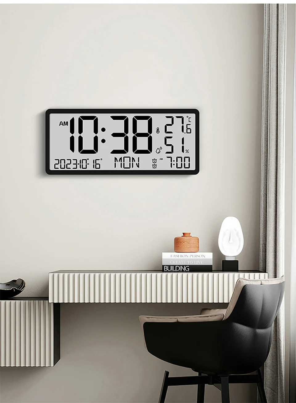 LCD Large Screen Digital Wall Clock Multifunctional Time Temperature ...