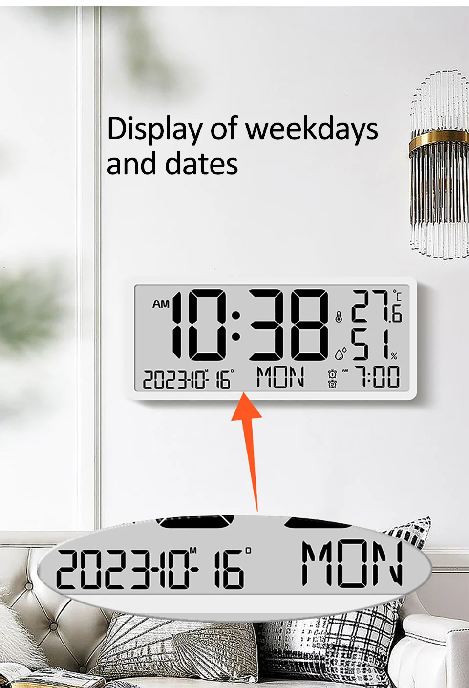 LCD Large Screen Digital Wall Clock Multifunctional Time Temperature ...