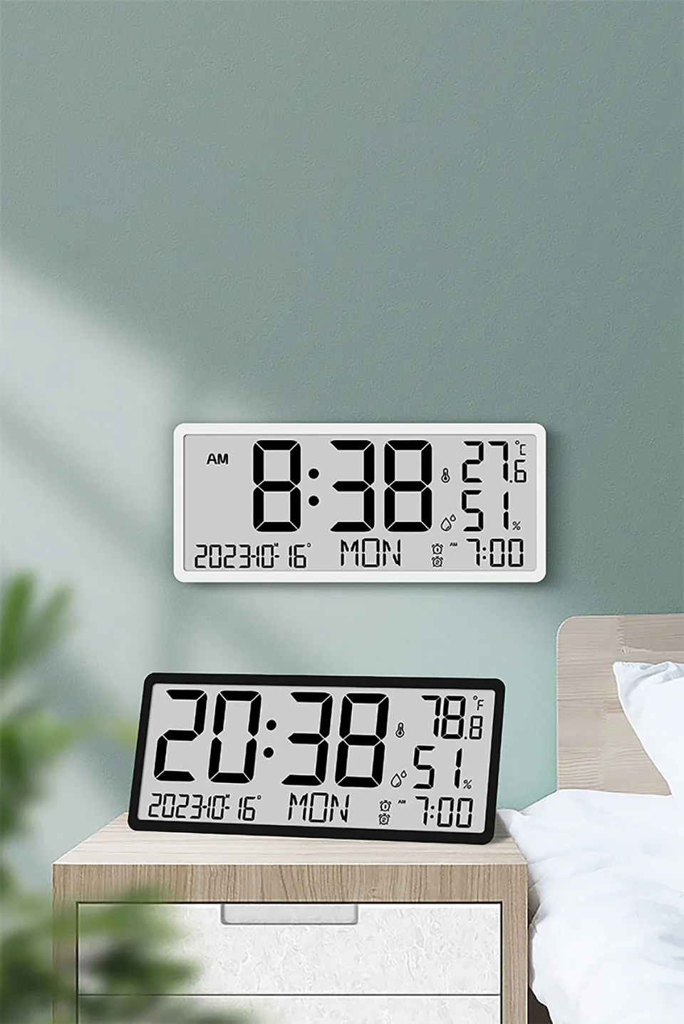 LCD Large Screen Digital Wall Clock Multifunctional Time Temperature ...