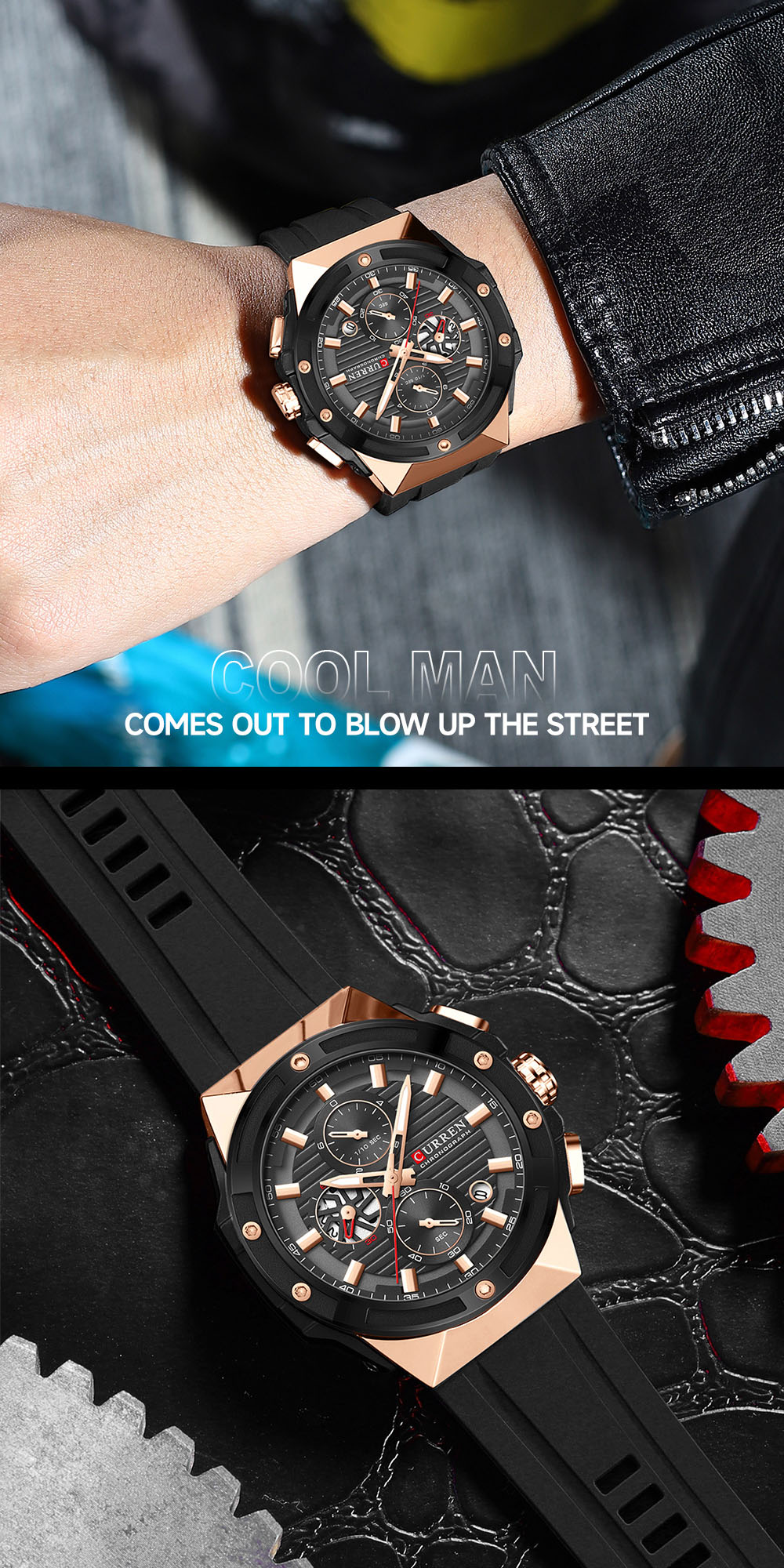 CURREN Fashion Sports Watches with Large Dial Unique RectangularHollow ...