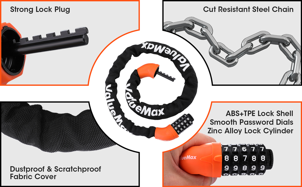 VALUEMAX 6*1000mm Bike Chain Lock 5 Digit Password Combination Anti ...