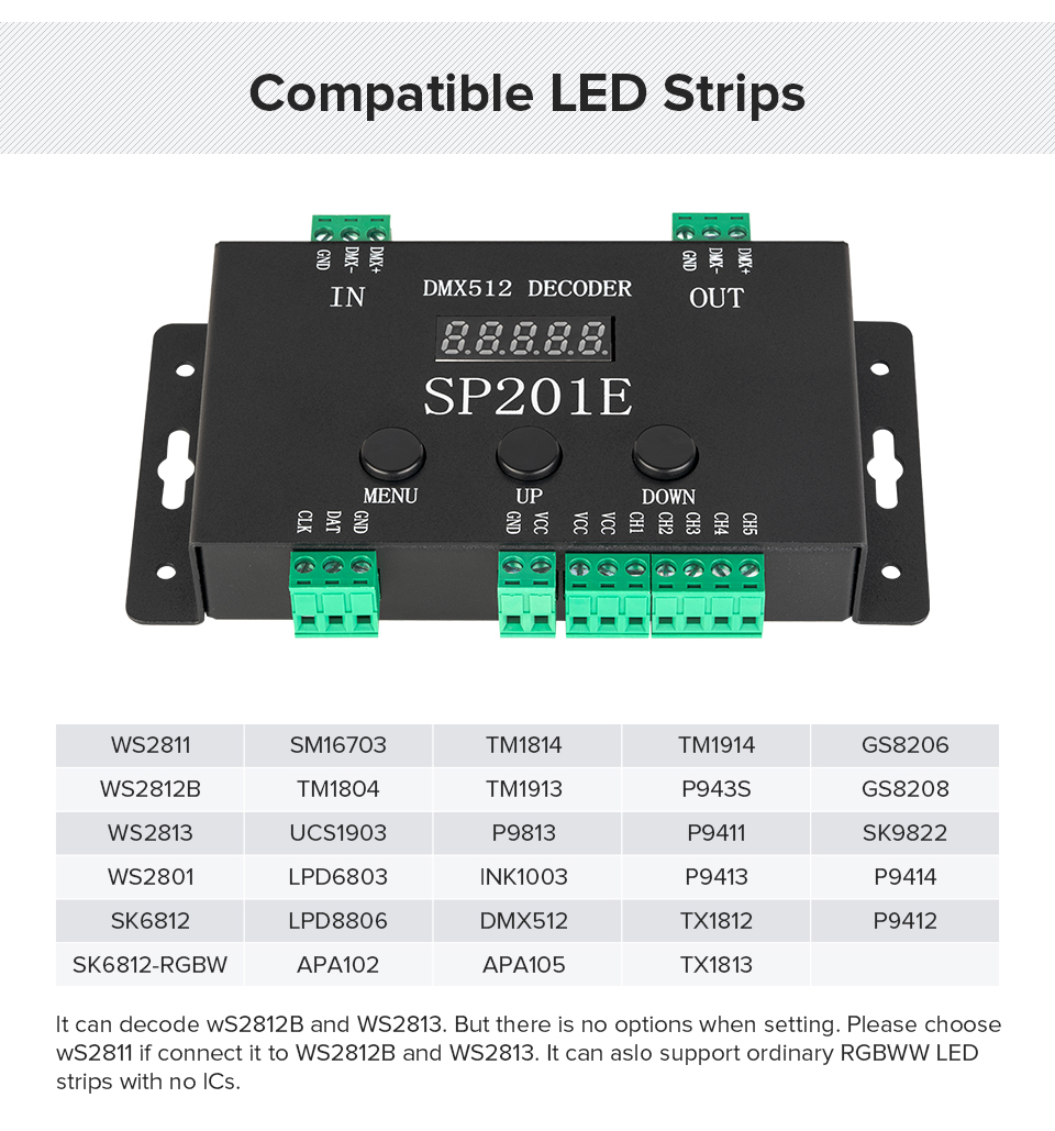 BTF-LIGHTING SP201E DMX512 LED Decoder Controller 5CH PWM SPI Pixels LED Light Strip SK9822 ...