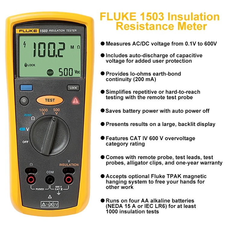 Fluke 1503 Insulation Resistance Tester Handheld Digital Insulation ...