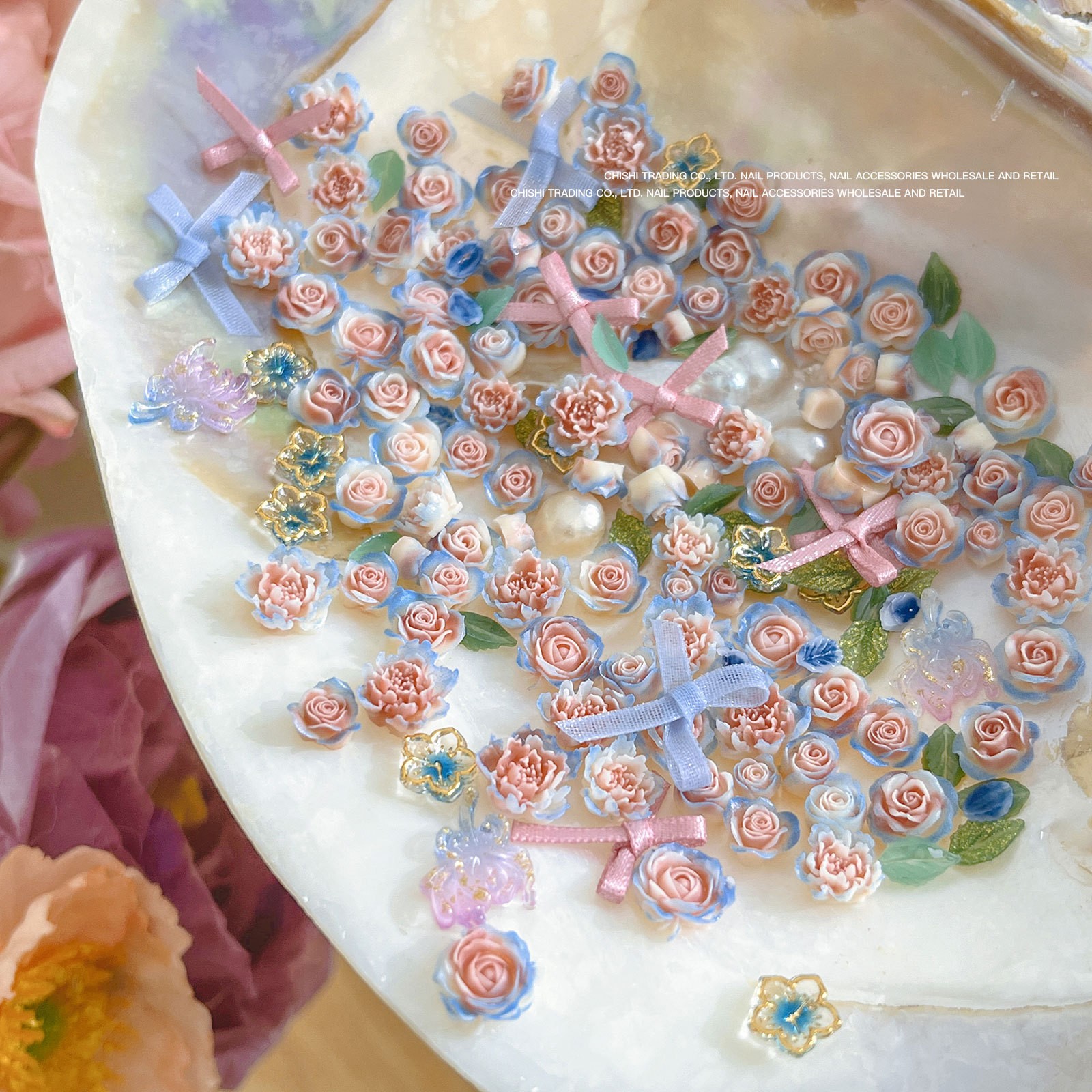 Rou Bao 100pcs Nail Blue Pink Rose Garden Mini Flower Fabric Bow Leaves ...