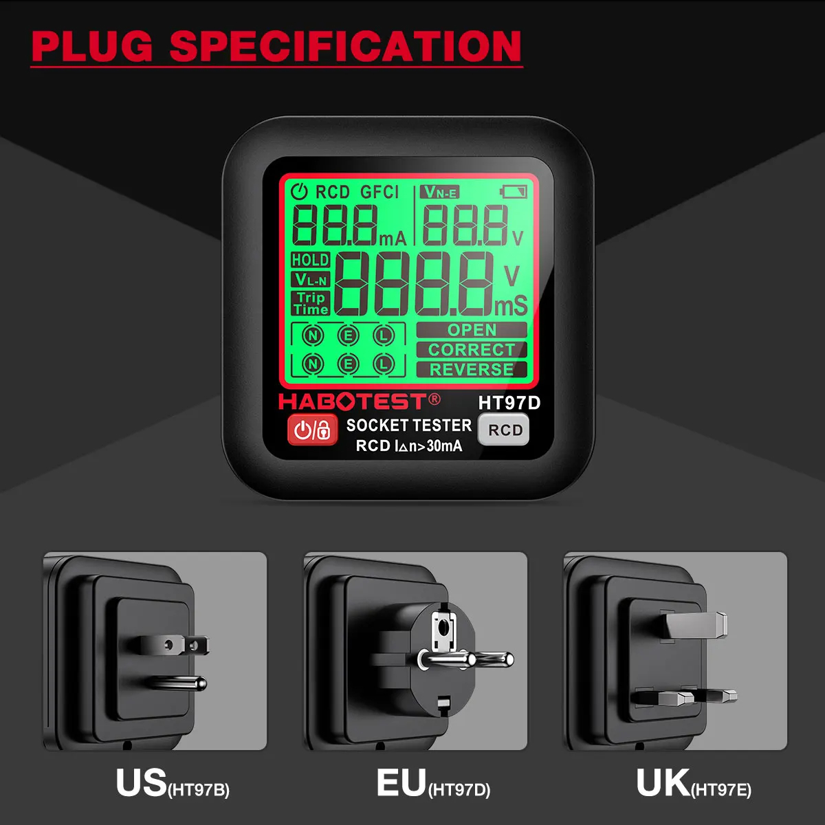 HT97 Digital Socket Tester Voltage Detector RCD GFCI Voltage Test EU US ...