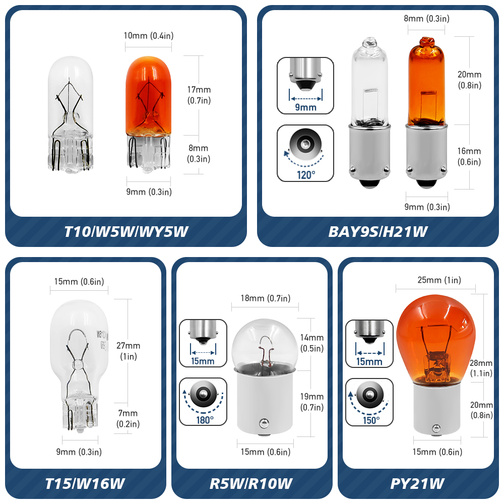 VEHICODE 10 Pieces 12V Car Bulb T10 W5W T15 W16W 1156 P21W PY21W BAU15S 1157 P21/5W BAY15D T20 ...