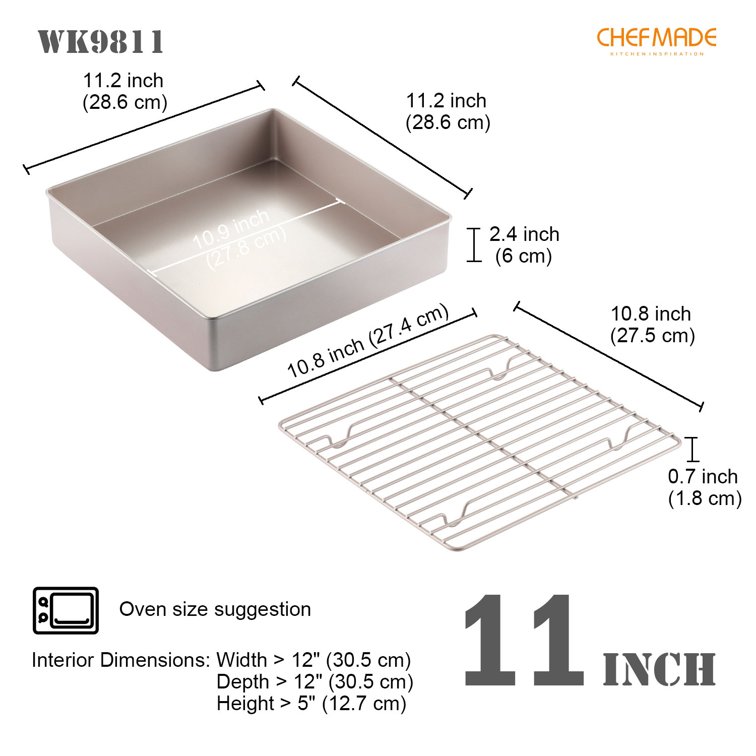 CHEFMADE Roasting Pan with Rack, 11-Inch Non-Stick Square Deep Dish ...