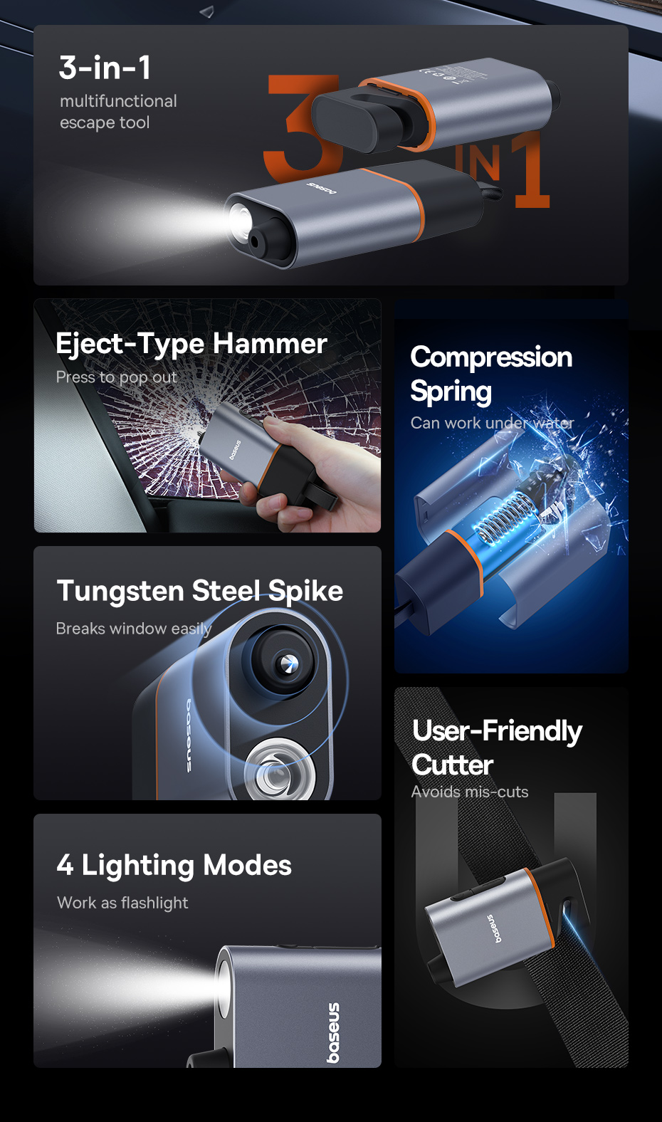 Baseus Safe Car Life 2/3 in 1 Car Safety Hammer Window Glass Breaker ...