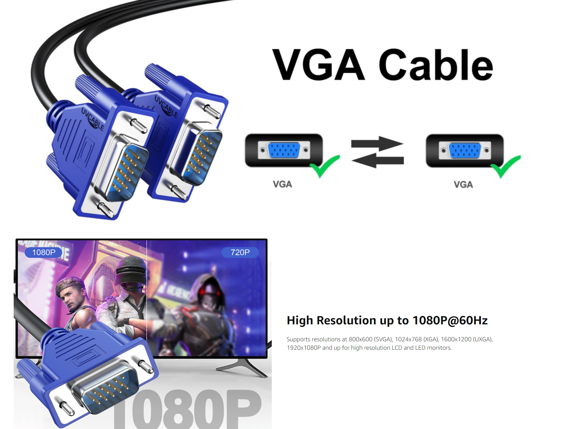 HD VGA 4 5 15 pin cable male to male connection computer projector ...