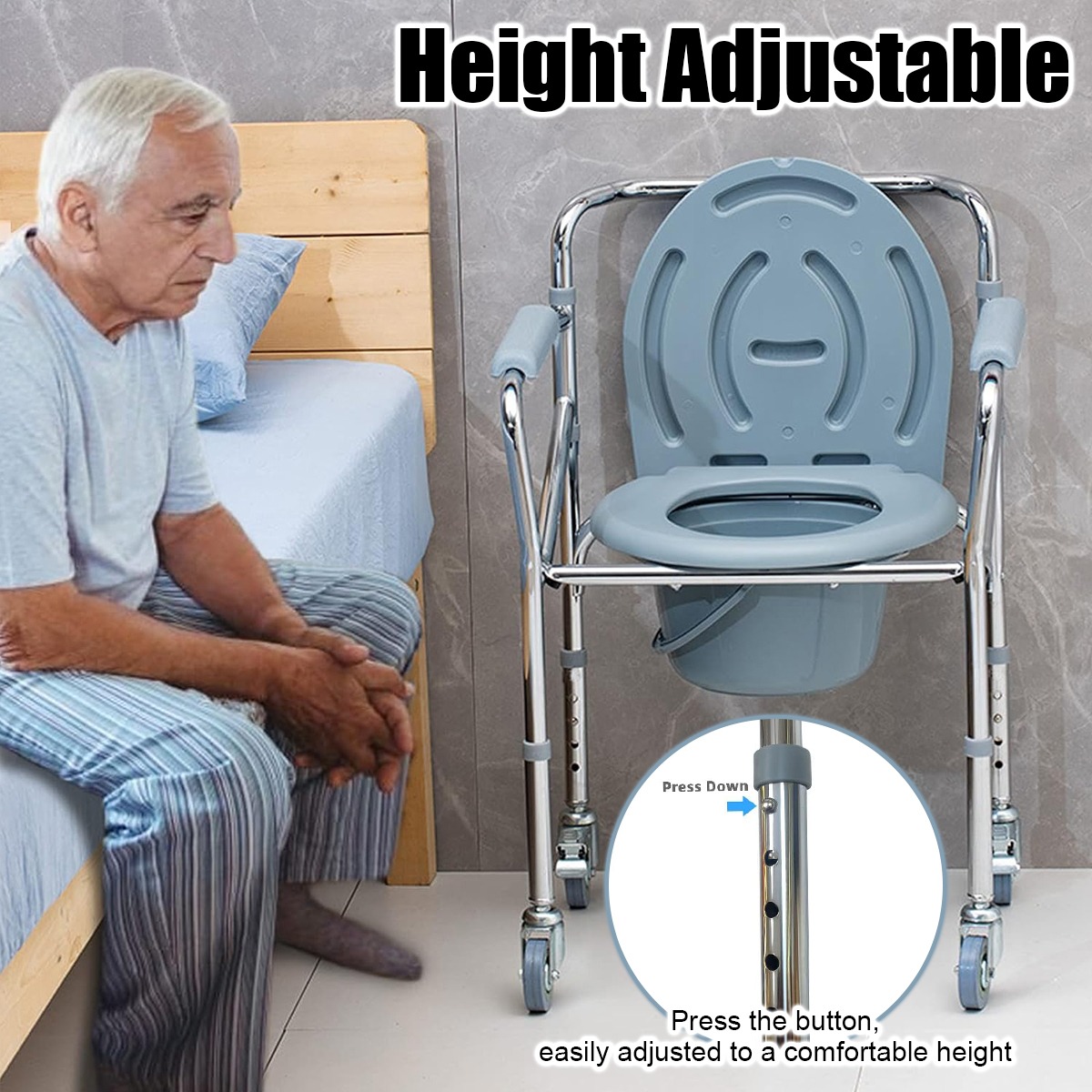 Foldable medica Commode Chair with Wheel Height Adjustable Stainless ...
