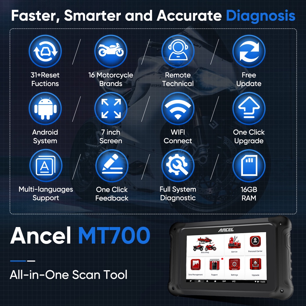 ANCEL MT700 Motorcycle OBD2 Scanner Full System Diagnose Tool Support ...