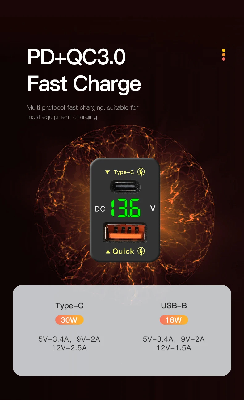 QC3.0 48W Usb C PD Port 12V/24V Car Charger Accessories Power Socket Adapter For Toyota Mobile ...