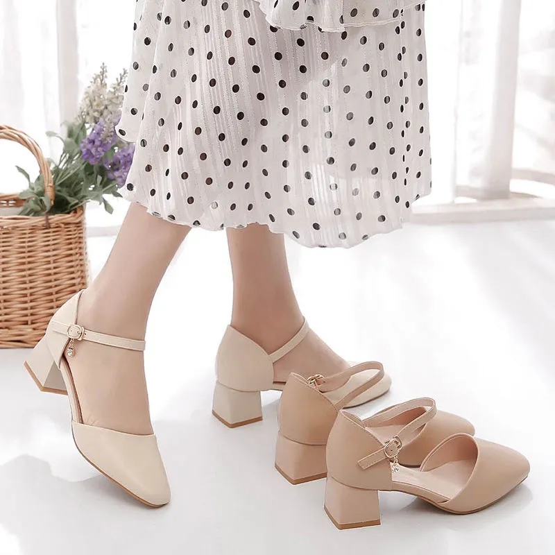 Women's Fashion Pointed toe Buckle Small Fragrant Style Thick High ...
