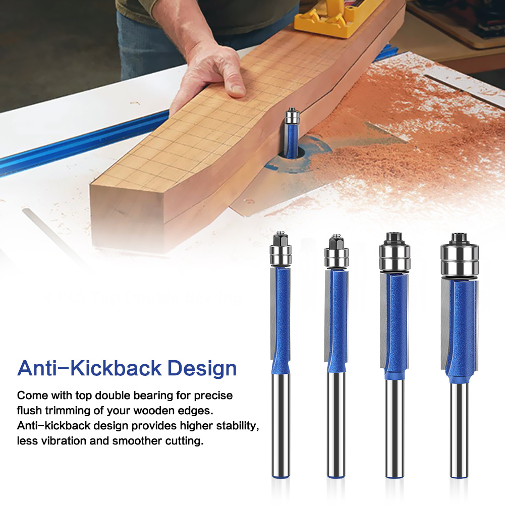 Vsharp Top Double Bearing Flush Trim Router Bits for Wood 6mm 1/4 Shank ...