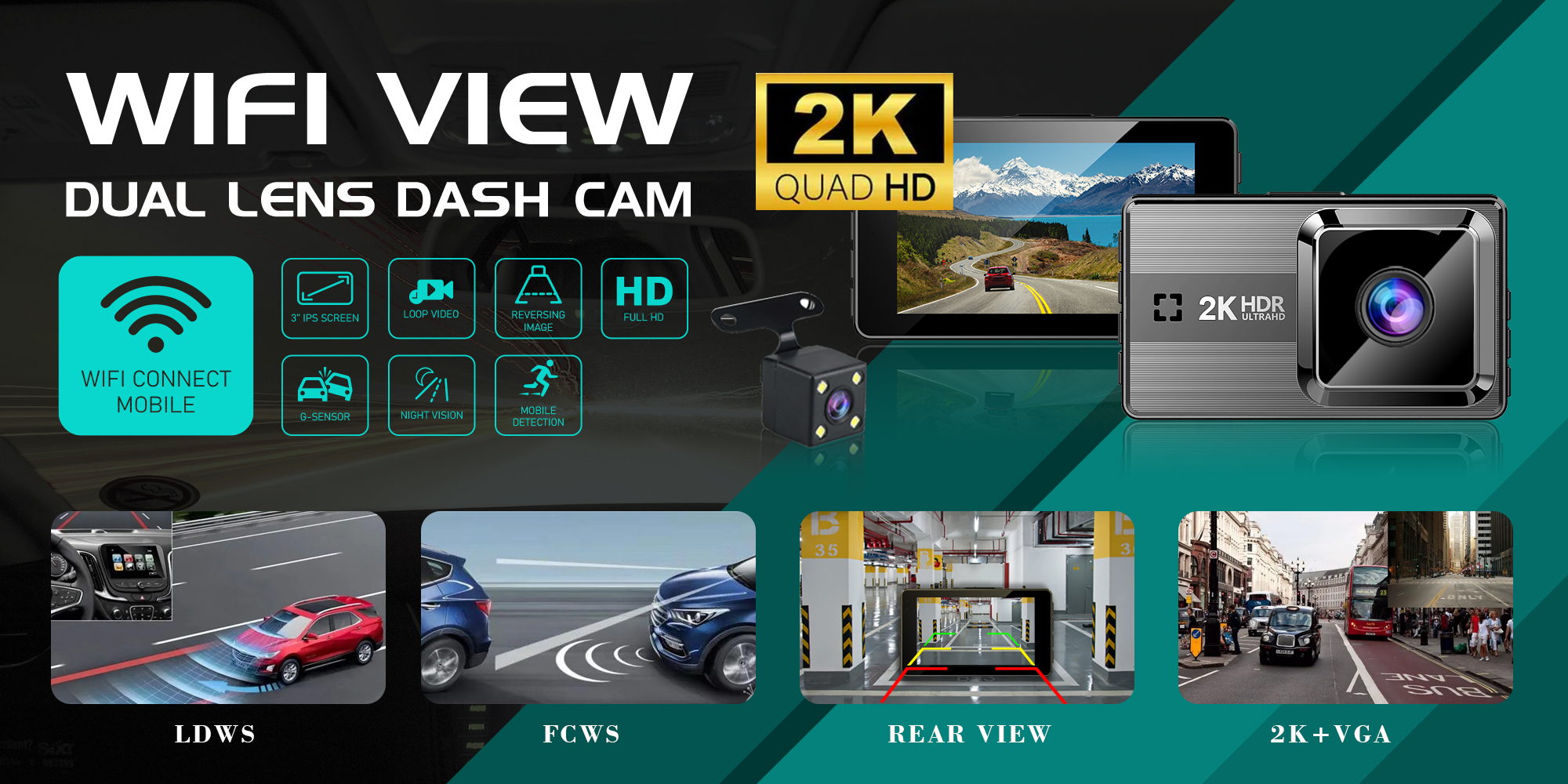 2K Dash Cam Wifi ADAS Asawin A12 1296P Car Camera Front And Rear Night ...