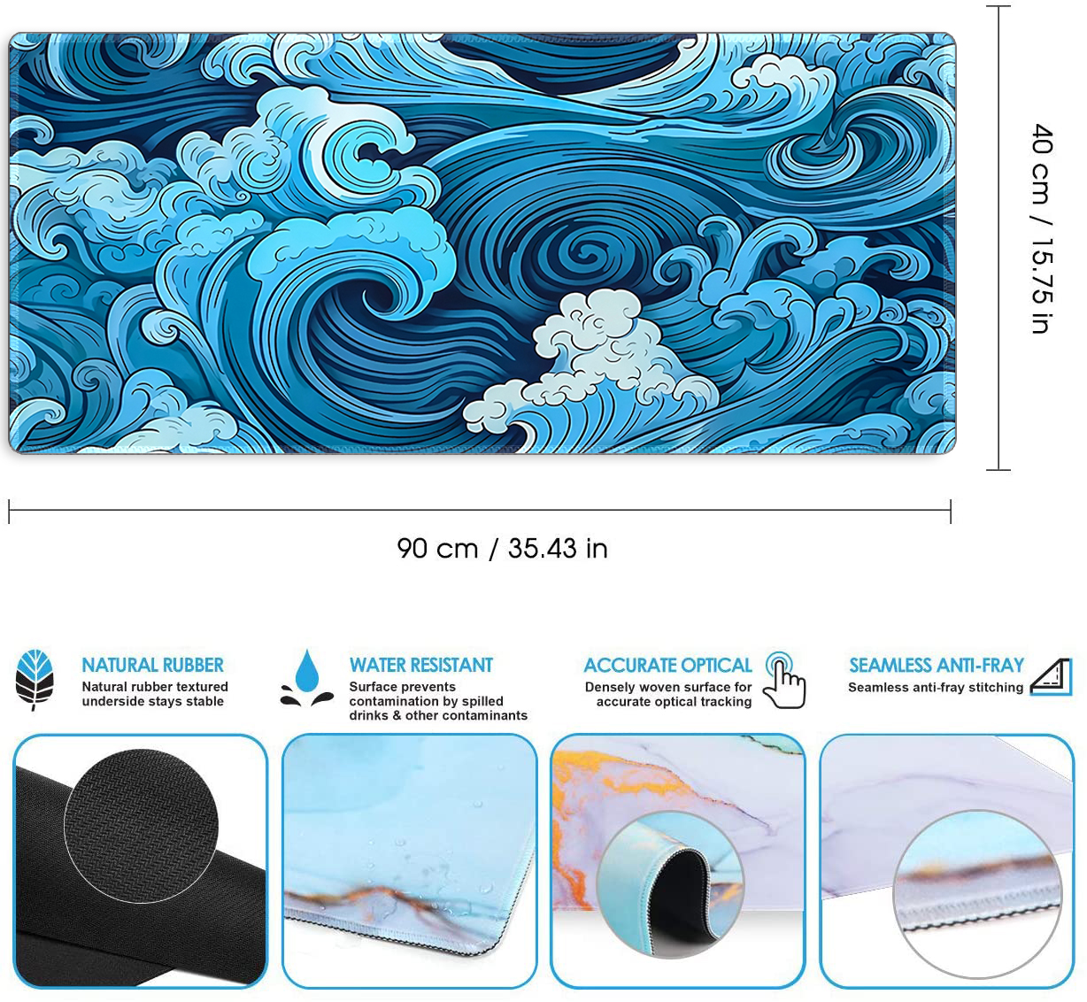 Aesthetic Desk Mat Art Japanese Great Waves XXL Gaming Mouse Pad Blue ...