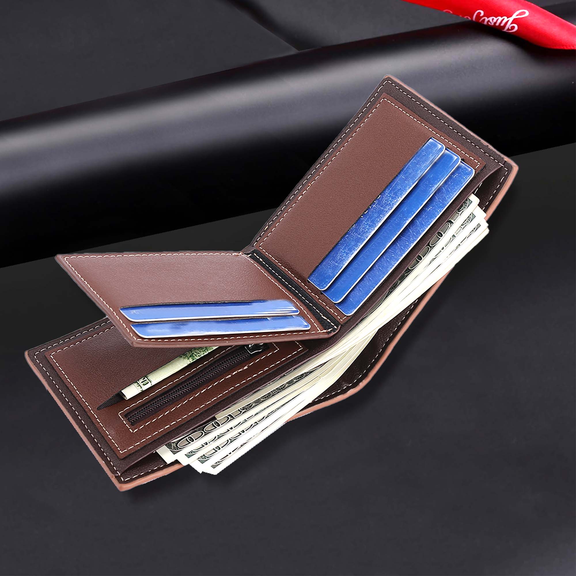 Men's Short Wallet - Trendy Stitched Leather Zipper Coin Pocket ...
