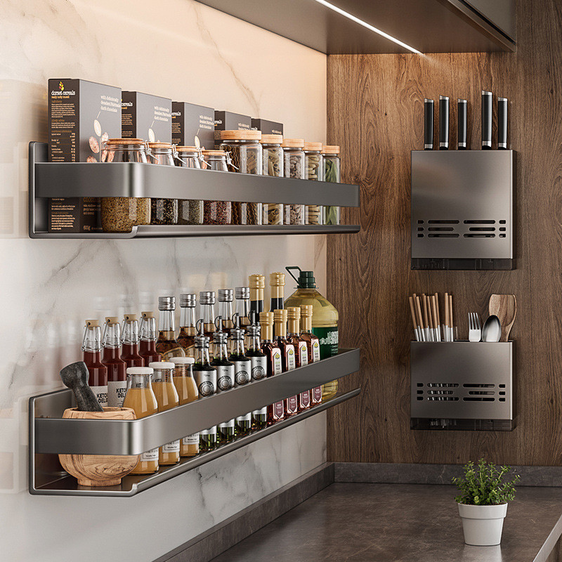 FLOATING SPICE RACK KITCHEN ORGANIZER STACKED WALL-MOUNTED CONDIMENTS ...