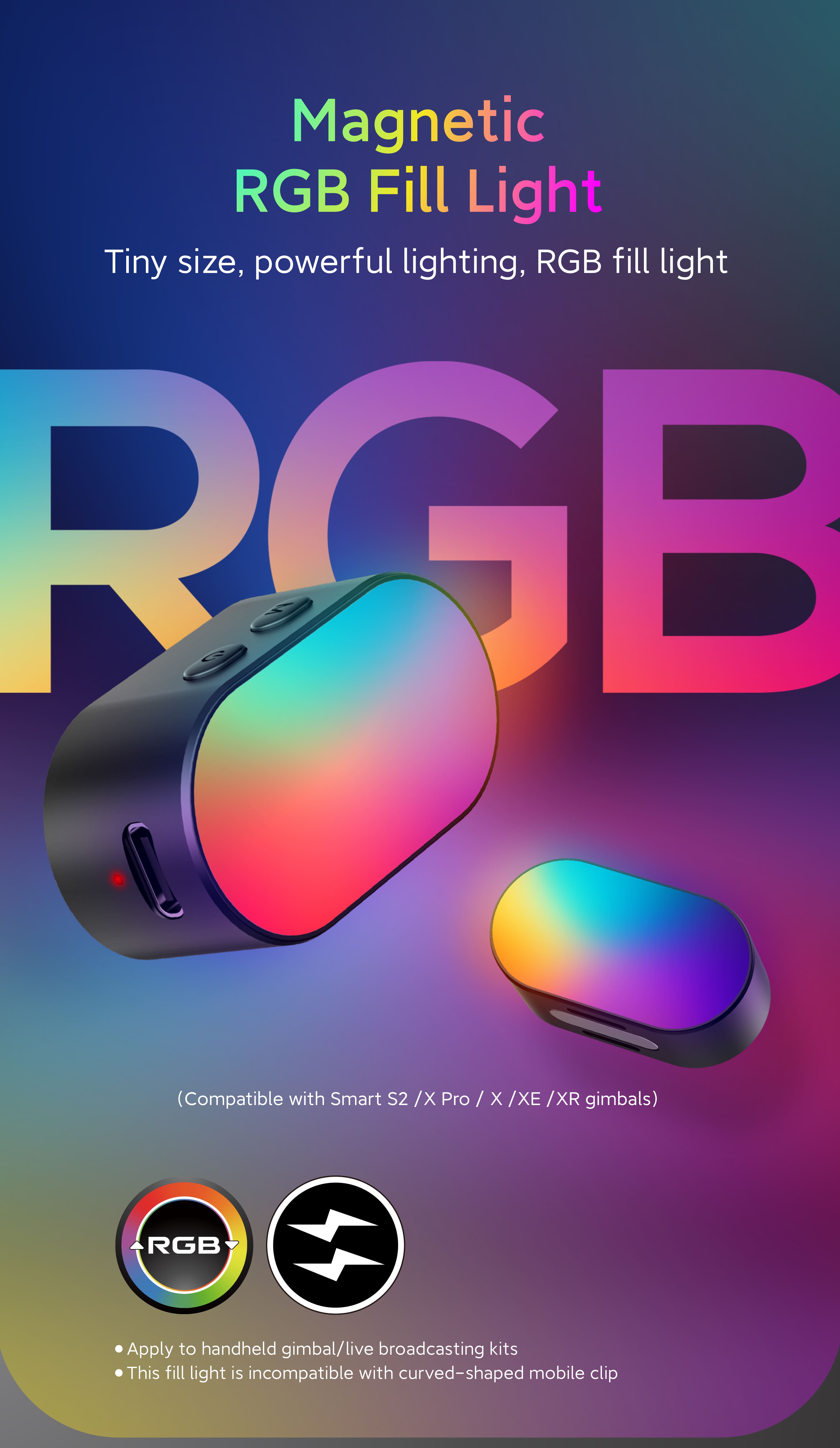 RGB Magnetic Mini Fill Light for Gimbal LED Video Light w/3 Brightness ...